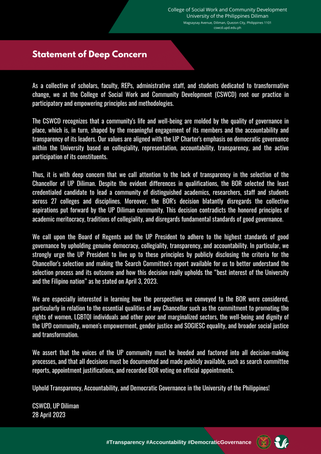 CSWCD Statement of Deep Concern - UP Diliman College of Social Work and ...