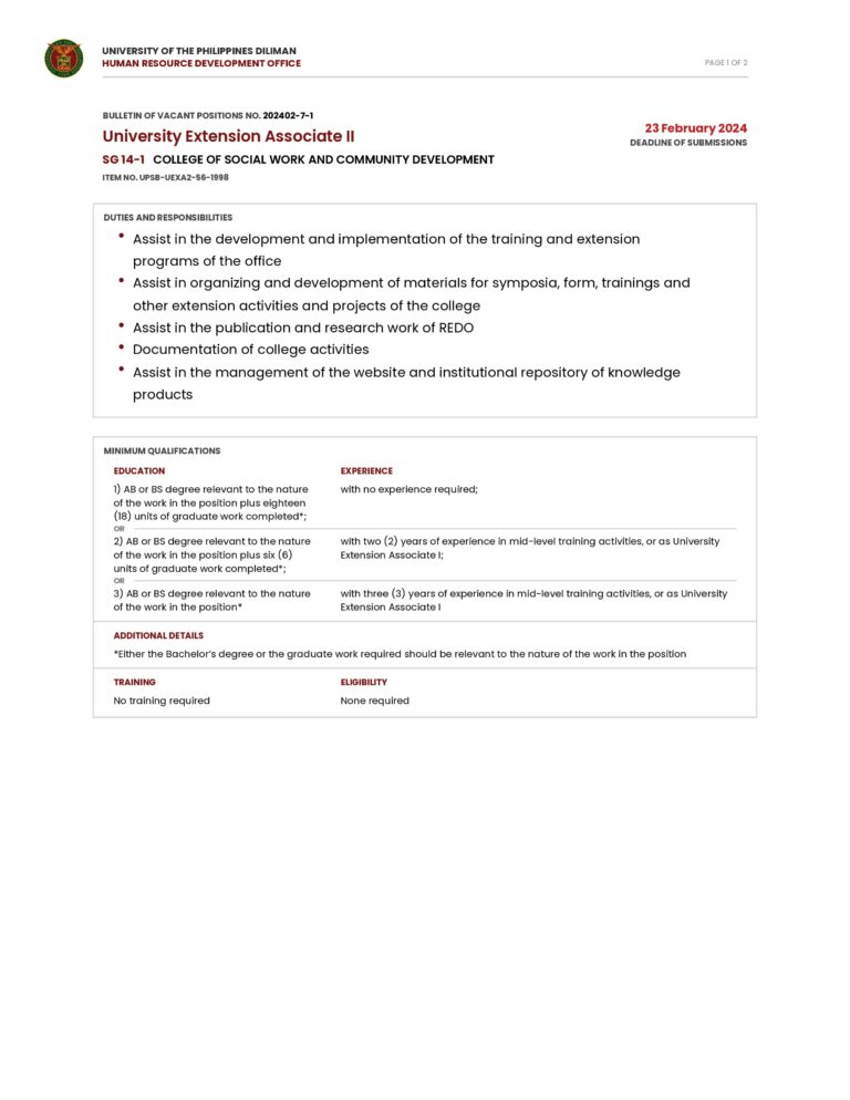 Now Hiring University Extension Associate II - UP Diliman College of Social Work and Community ...